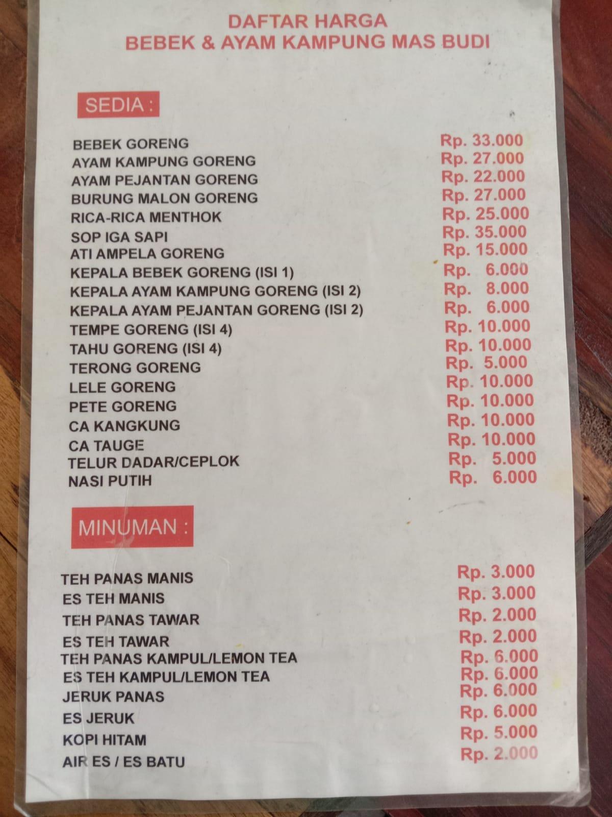 Menu at Bebek & Ayam Kampung “Mas Budi” restaurant, Semarang