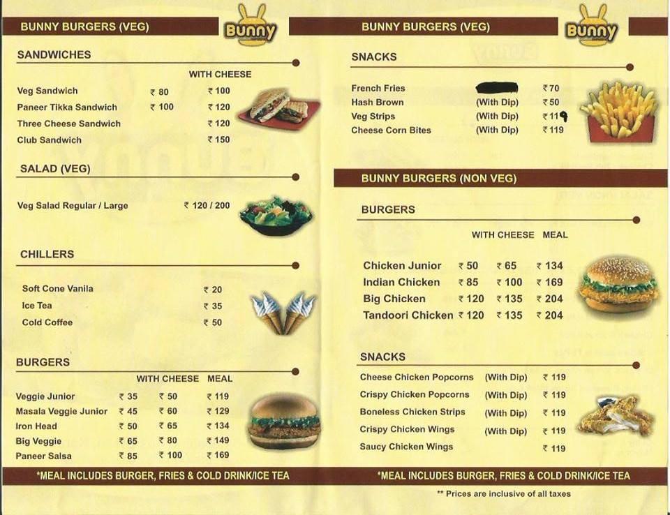Menu at Bunny Burgers, Karnal