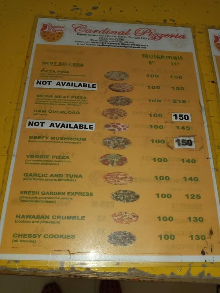 Menu at Cardinal Pizzeria, Surigao City