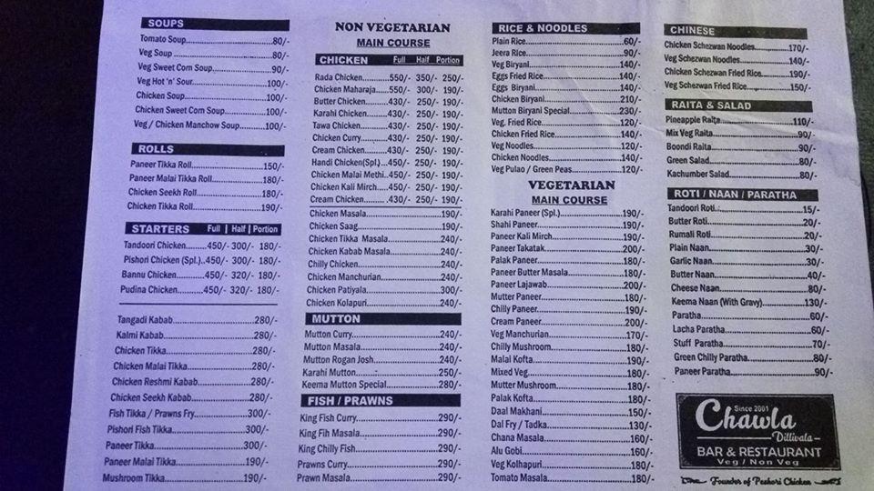 Menu at Chawla Dilliwala, Candolim