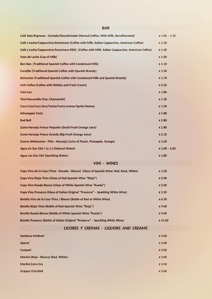 Menu at Emilia Corazon pub & bar, Torrevieja