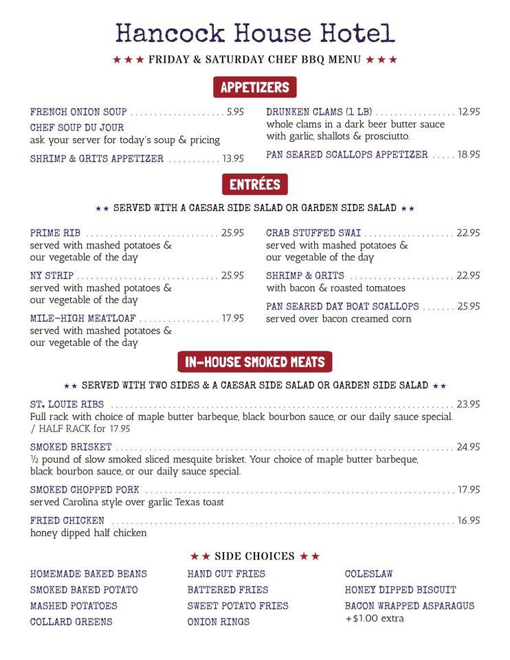 Menu at Hancock House Bar & Restaurant, Hancock