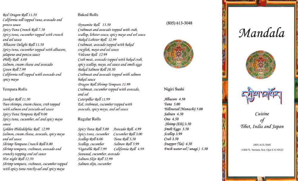 Menu at Mandala Restaurant - Tibetan, Japanese and Indian, Ojai