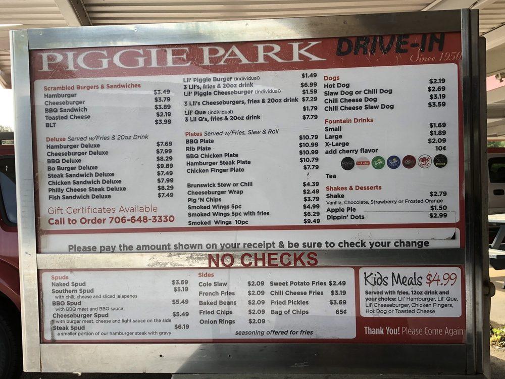 Menu at Piggie Park fast food, Thomaston, US-19