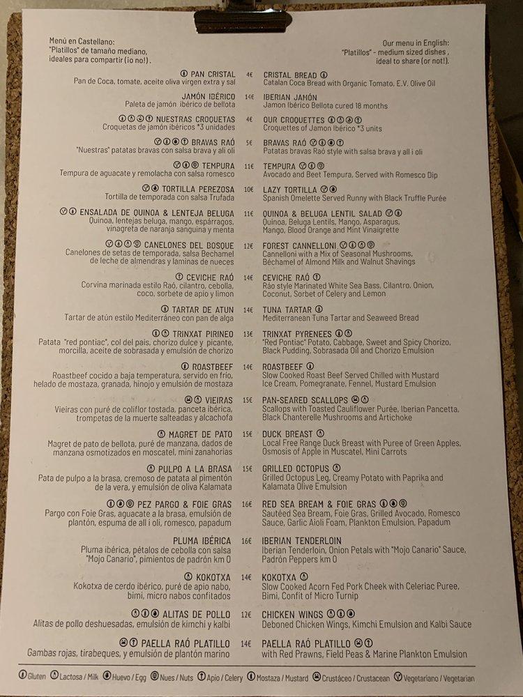 Menu at RAO Restaurant, Barcelona