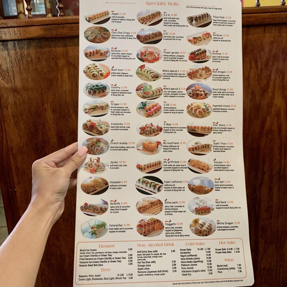Menu at Sushi Train restaurant, Denver
