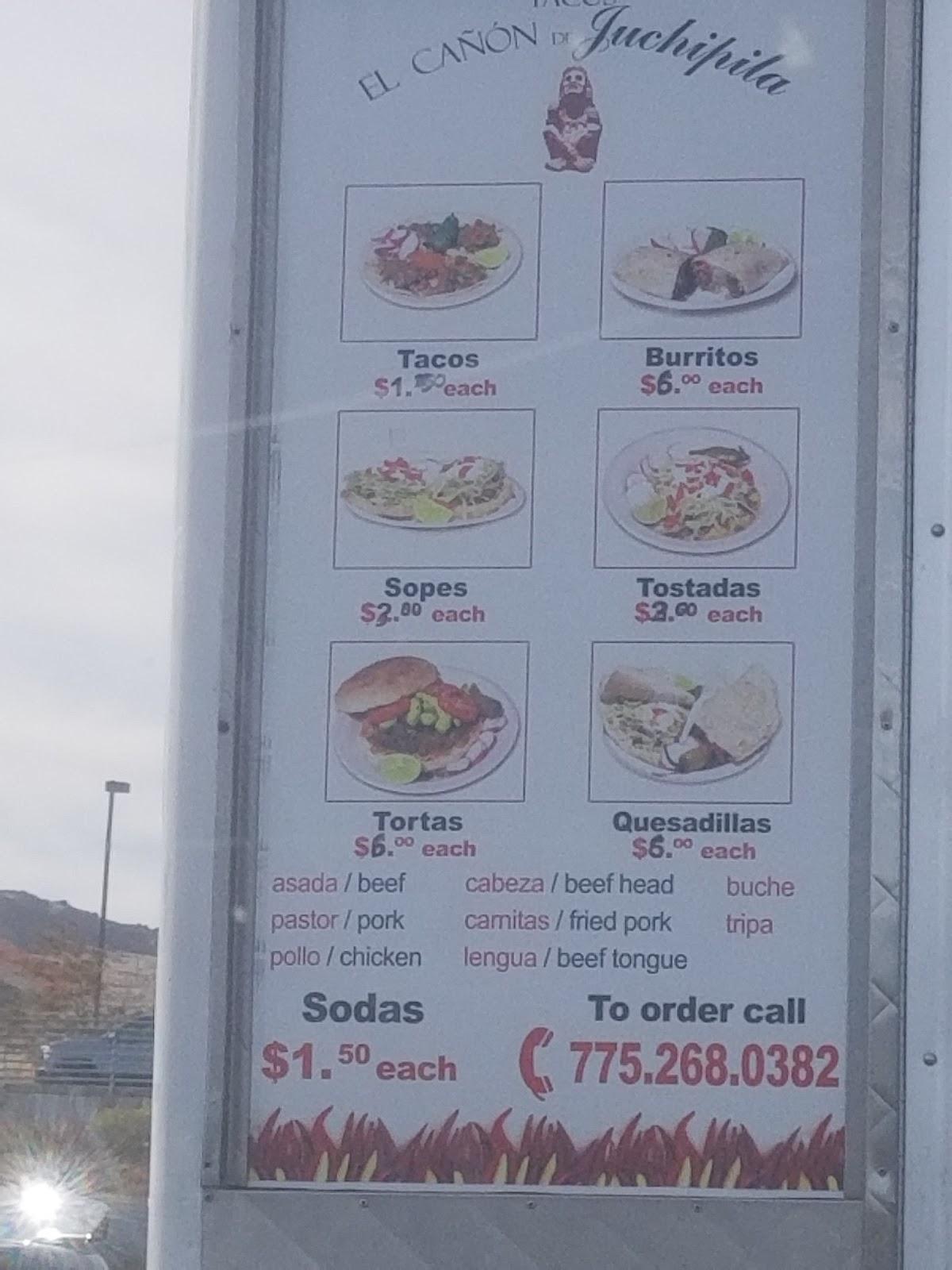 Menu at Tacos el Cañón de Juchipila restaurant, West Wendover