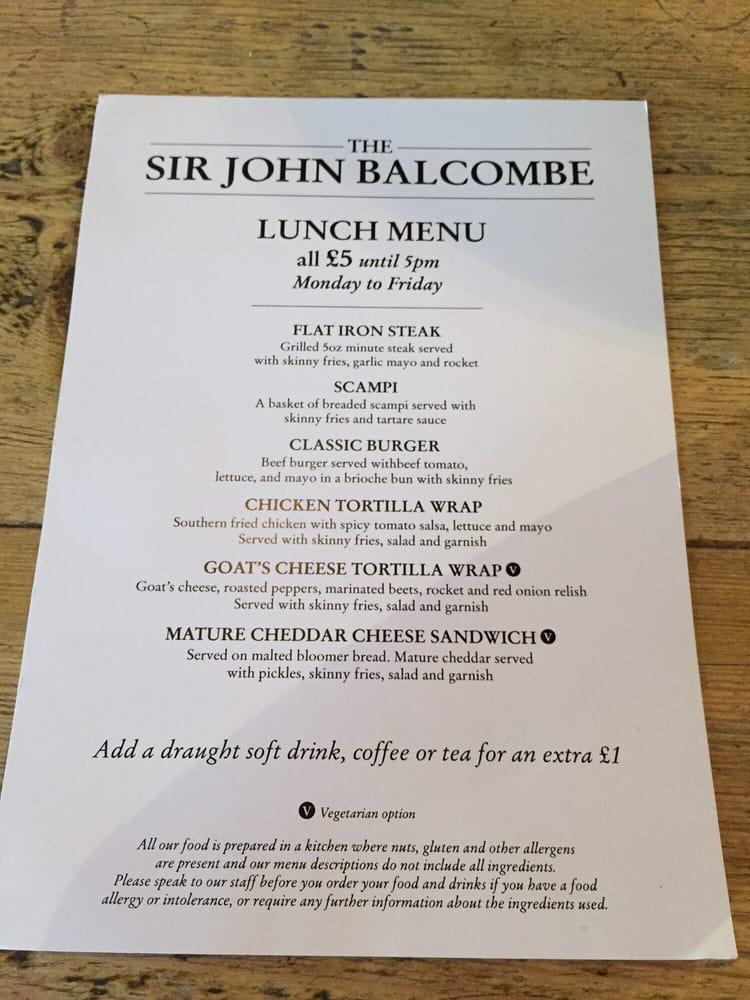 Menu at Sir John Balcombe Marylebone pub & bar, London, 21 Balcombe St