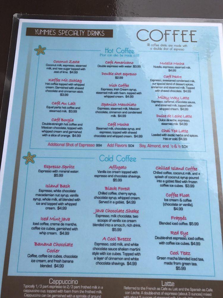 Menu at Yummies Bistro cafe, South Padre Island