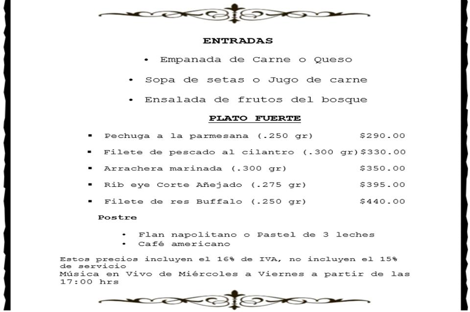 Menu at Buffalo Prime Rib restaurant, Mexico City