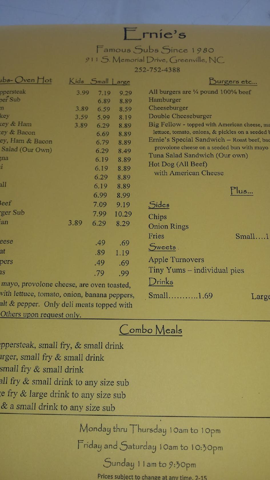Menu at Ernie's Famous Subs restaurant, Greenville