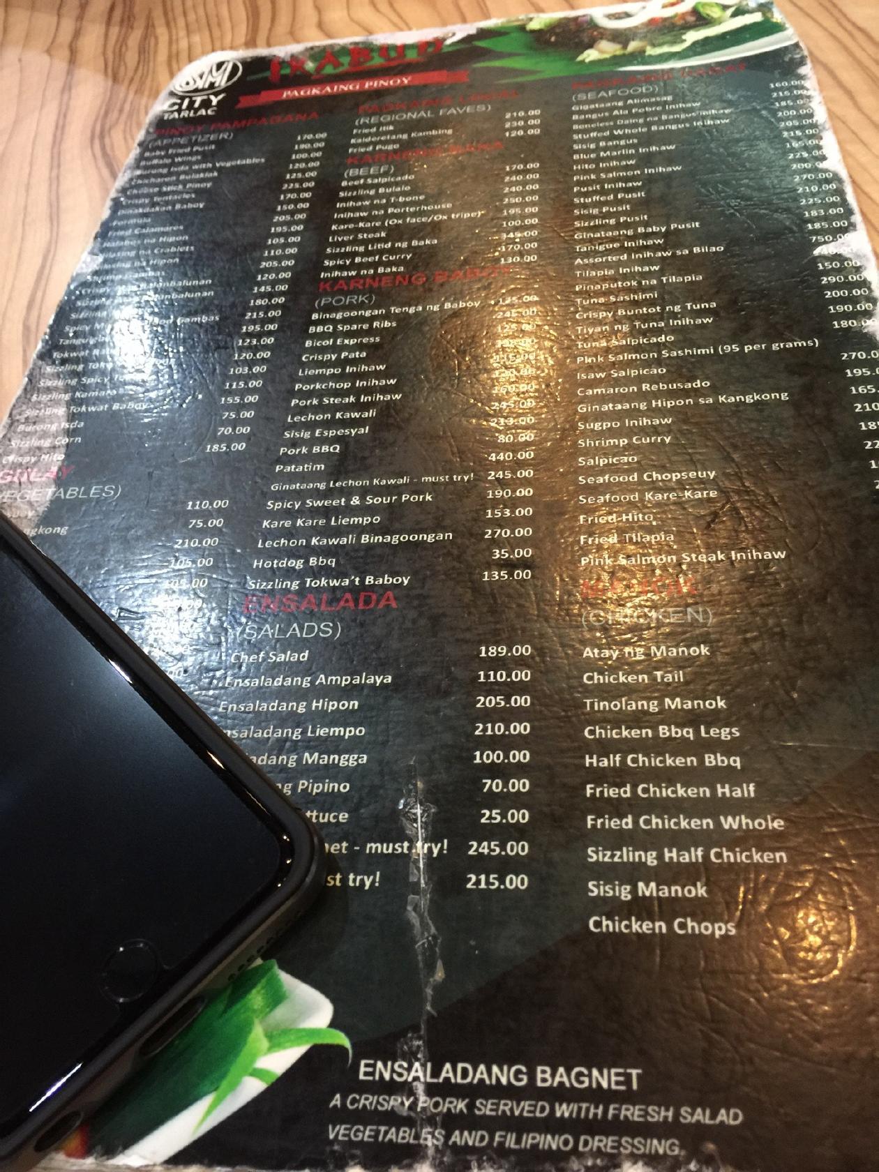 Menu at IKABUD restaurant, Tarlac City