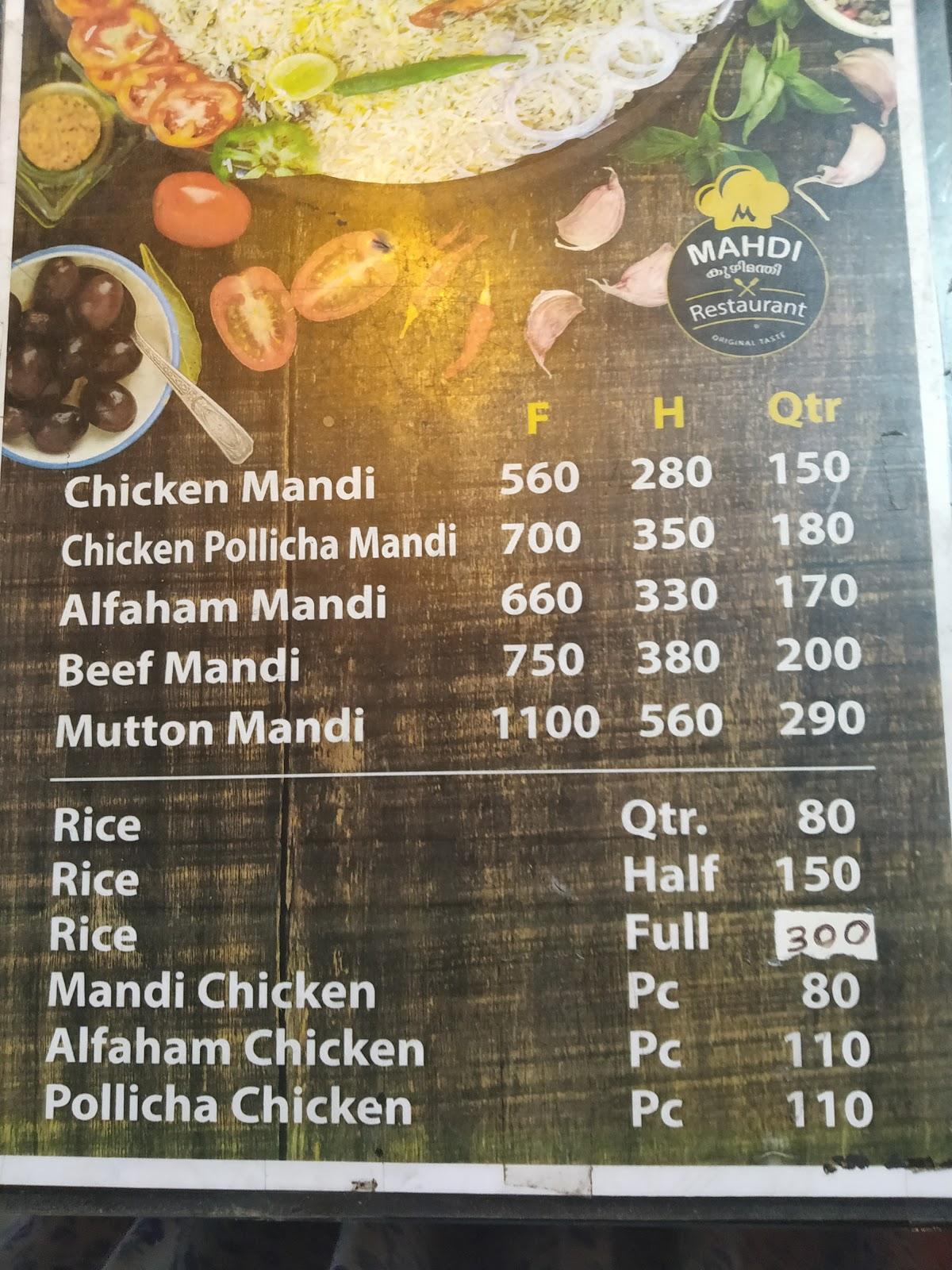 Menu at Mahdi Kuzhimandhi, Kozhikode