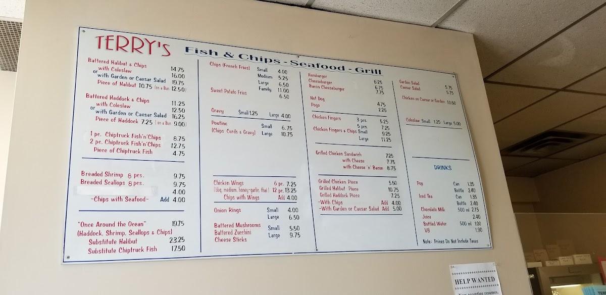 Menu at Terry's Fish & Chips Seafood Grill restaurant, Lindsay