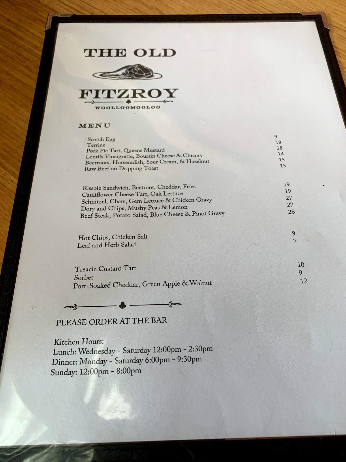 Menu at The Old Fitzroy Hotel pub & bar, Woolloomooloo