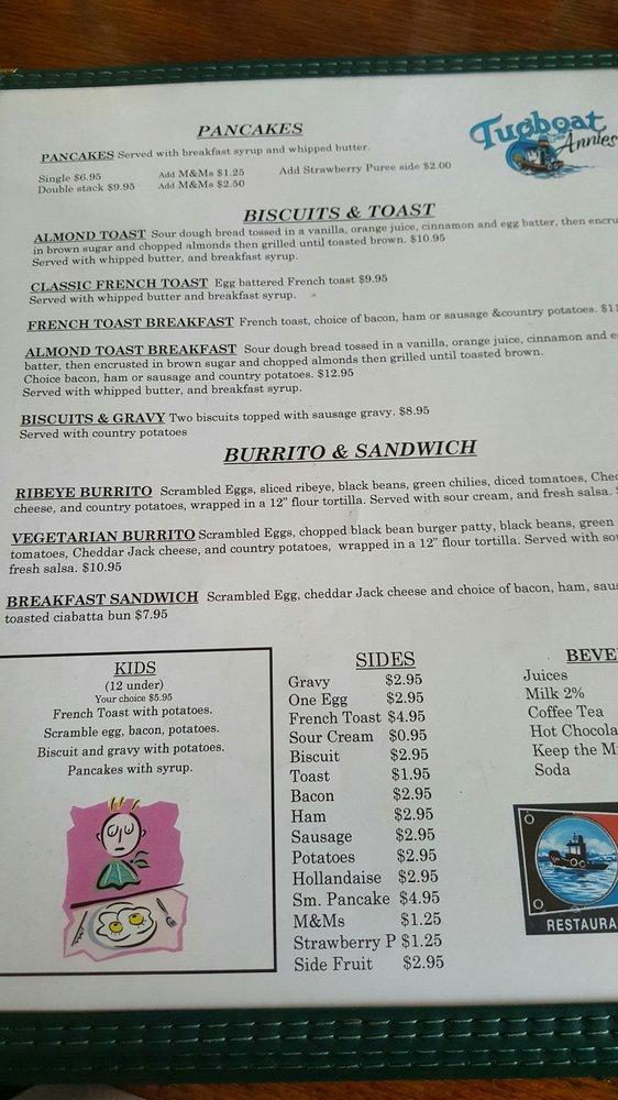 Menu at Tugboat Annie's pub & bar, Olympia