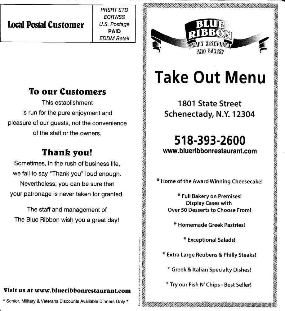 Menu at Blue Ribbon Restaurant & Bakery, Schenectady