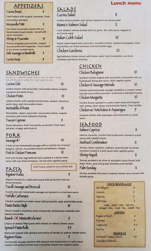 Carta de Mama Cucina Italian Restaurant, Tuckahoe