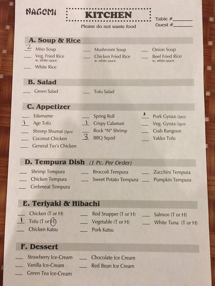 Menu at Nagomi restaurant, Glenside