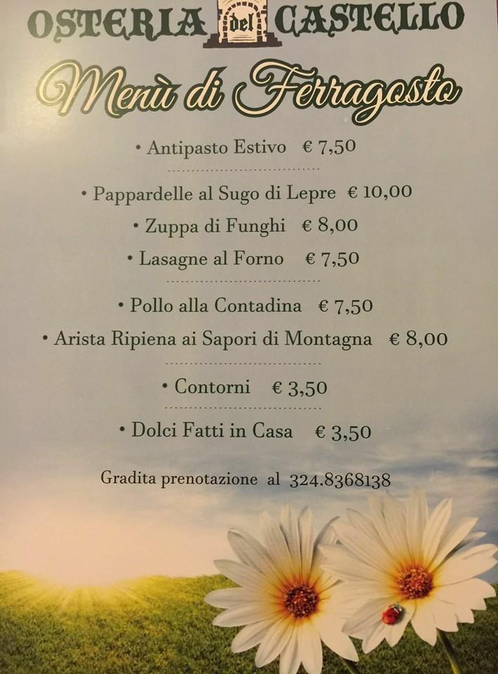 Menu at Osteria del Castello restaurant, Arcidosso