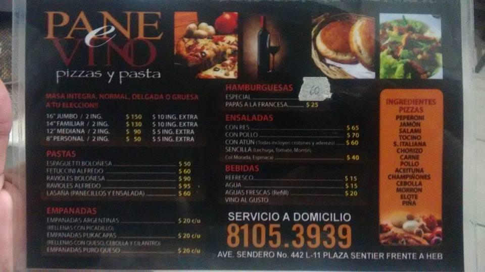Menu at Pane&vino Plaza Sentier., San Nicolás de los Garza