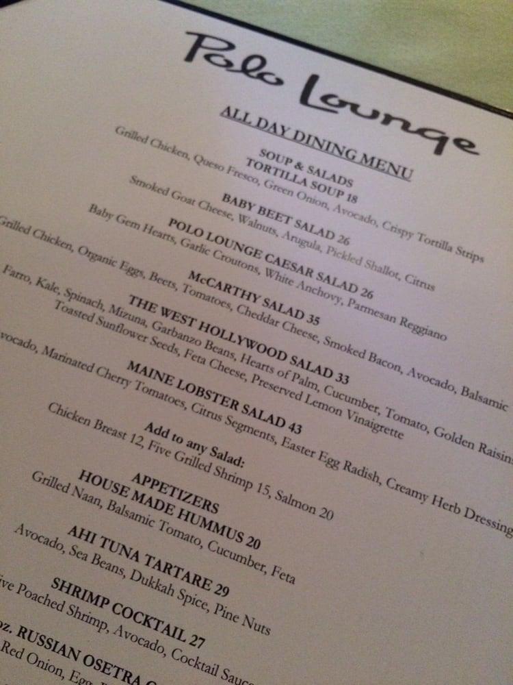 Menu at Polo Lounge restaurant, Beverly Hills