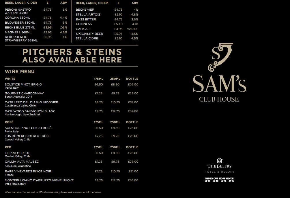 Menu at Sam's Club House, Wishaw, The Belfry Hotel & Resort
