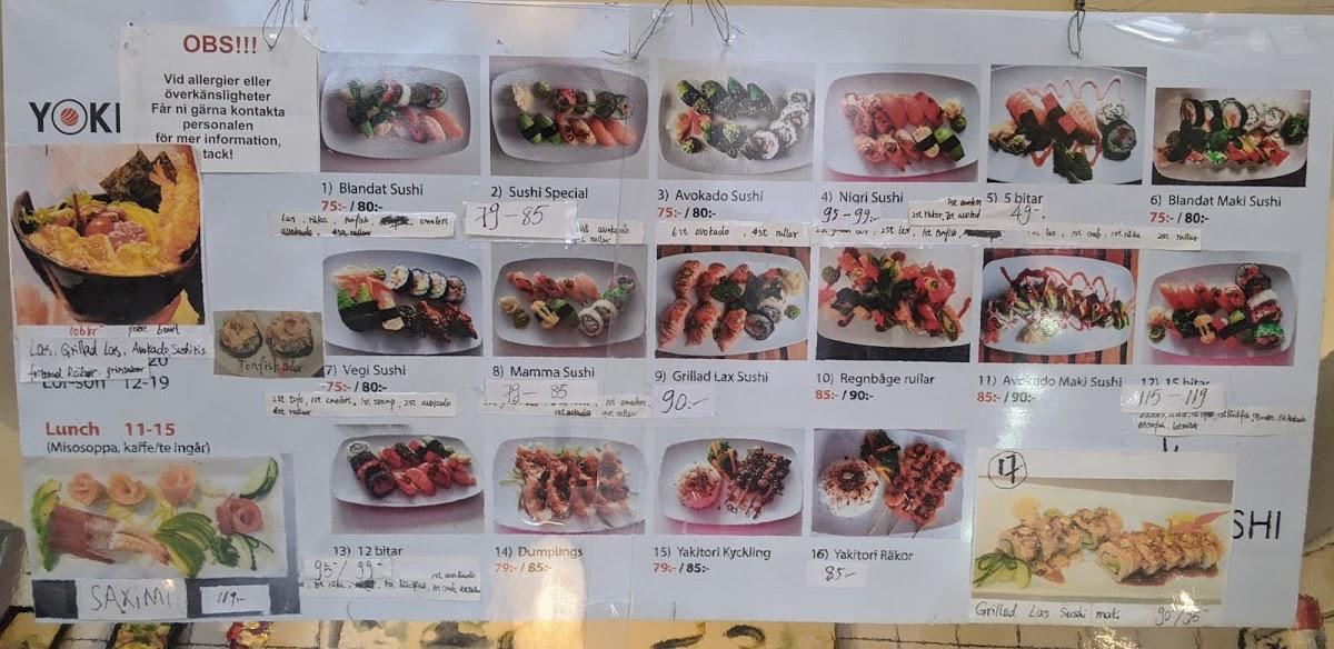 Menu at Yoki Sushi restaurant, Alingsås