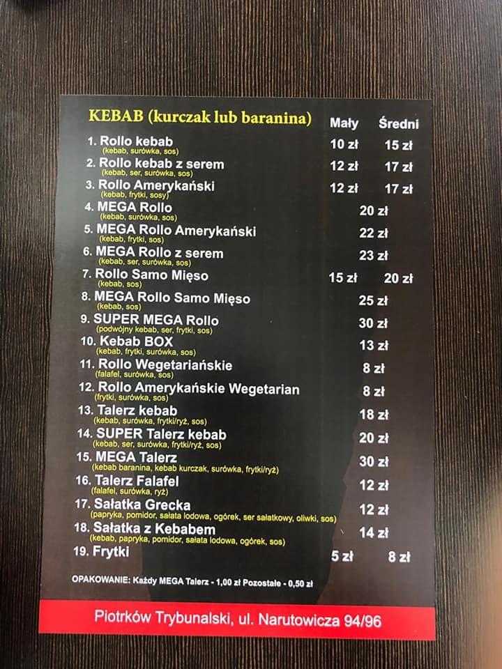 Menu at Zahir Kebab restaurant, Piotrków Trybunalski, Gabriela ...