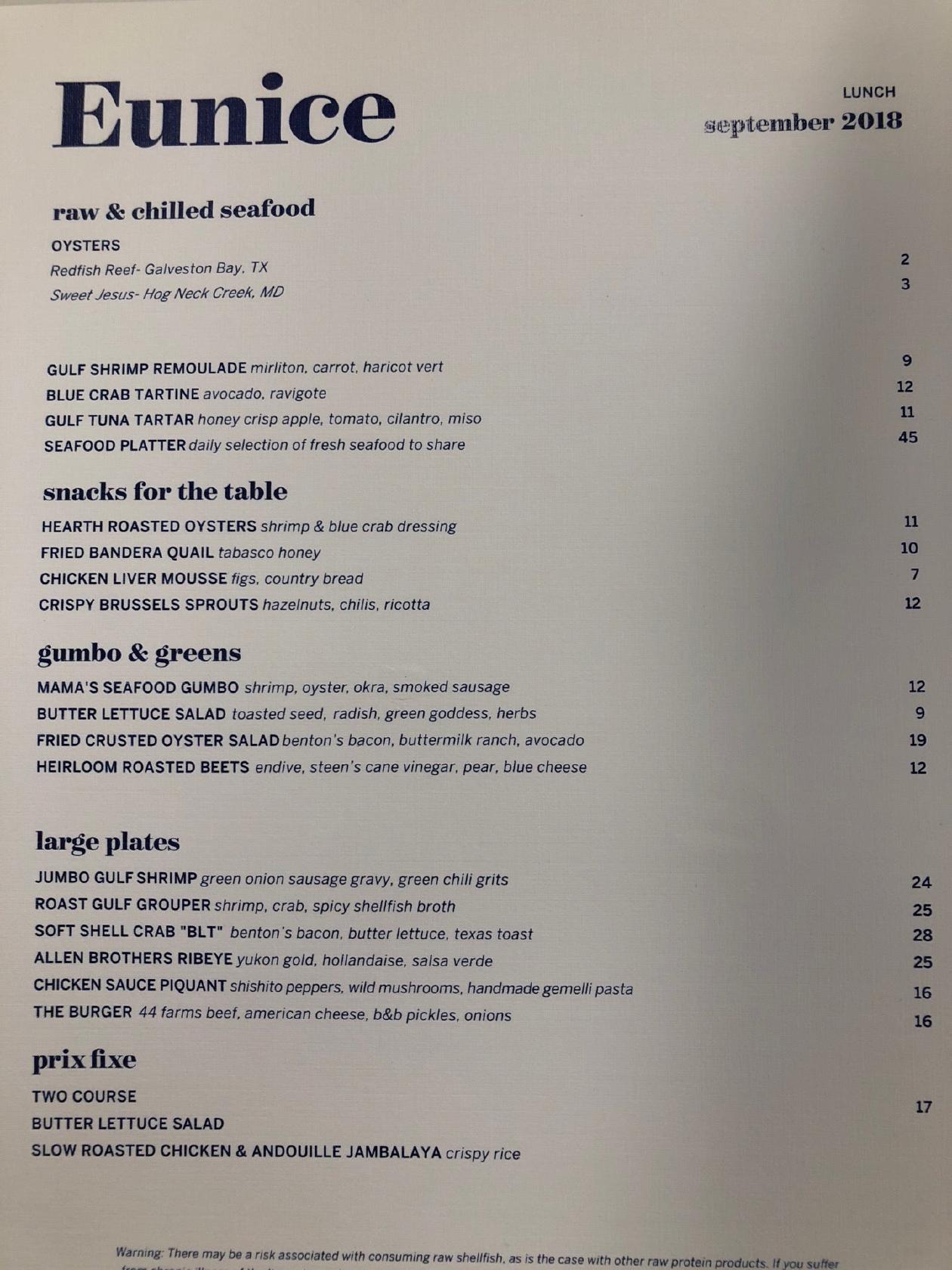 Menu at Eunice restaurant, Houston
