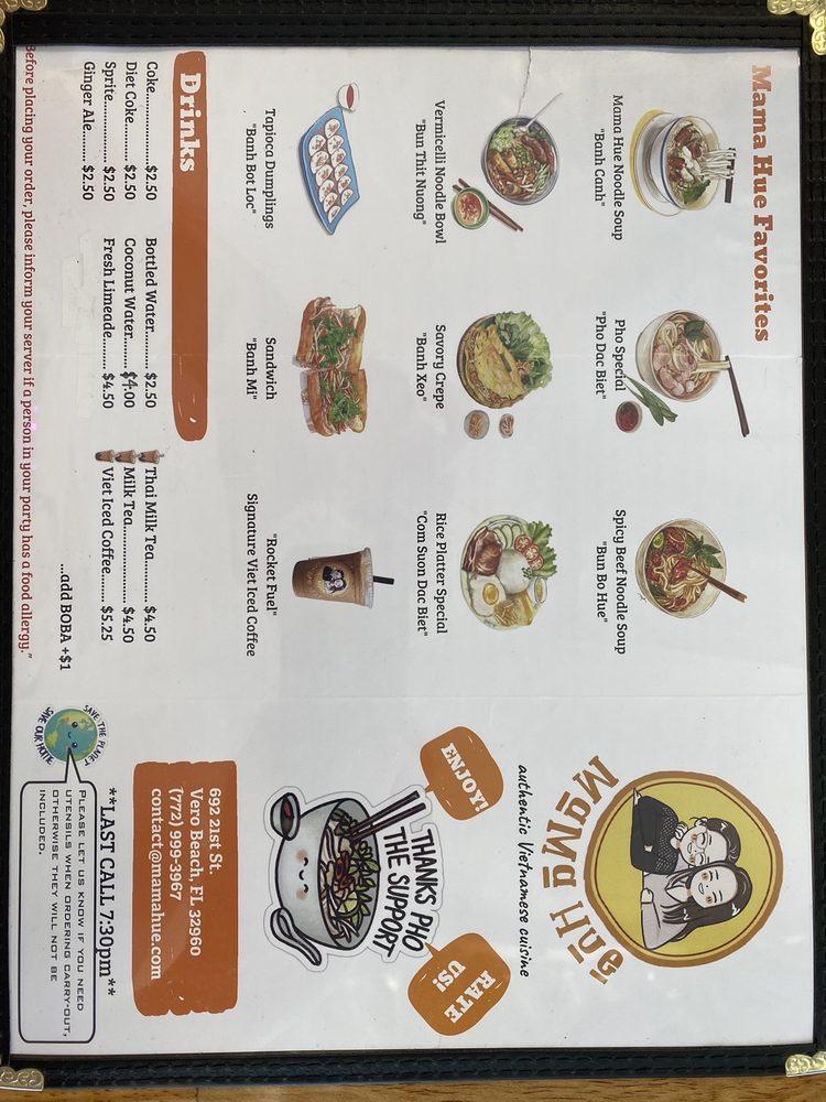 Menu at Mama Hue restaurant, Vero Beach