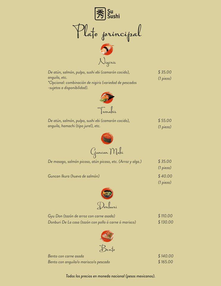 Menu at Su Sushi restaurant, Mexicali, Calzada Cuauhtémoc 1398-Int. 3 B