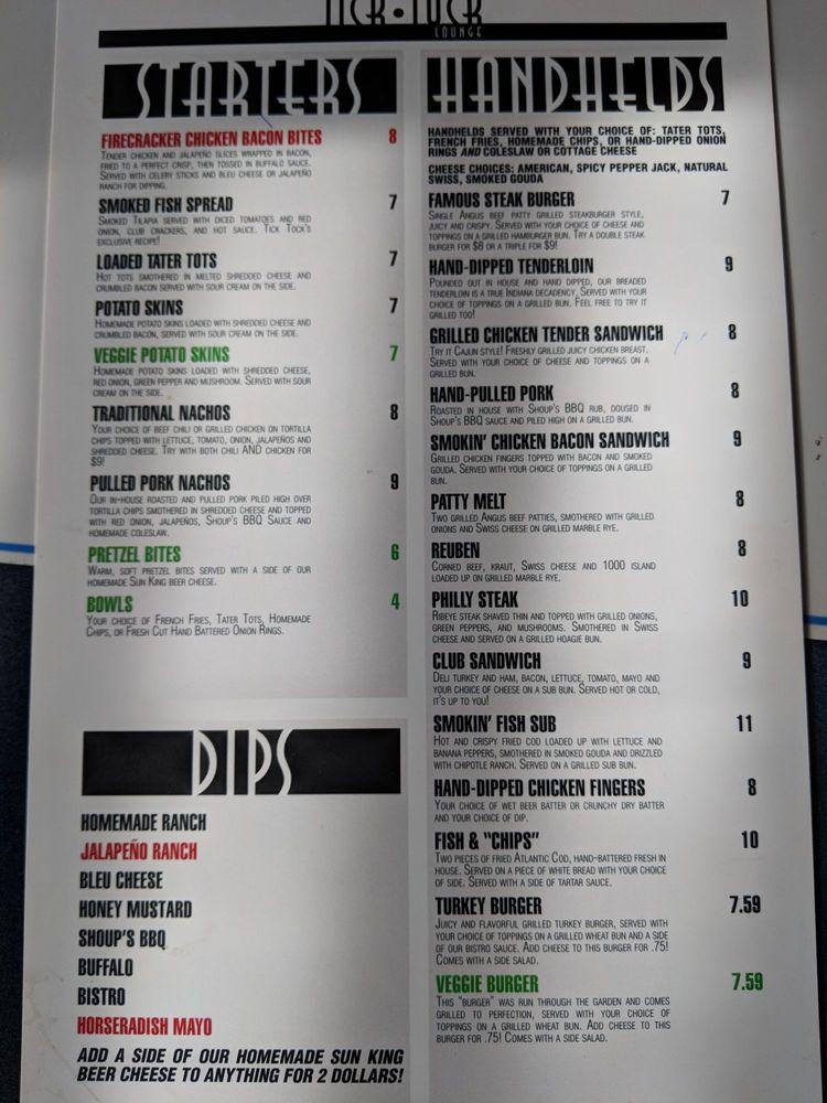 Menu at Tick Tock Lounge pub & bar, Indianapolis
