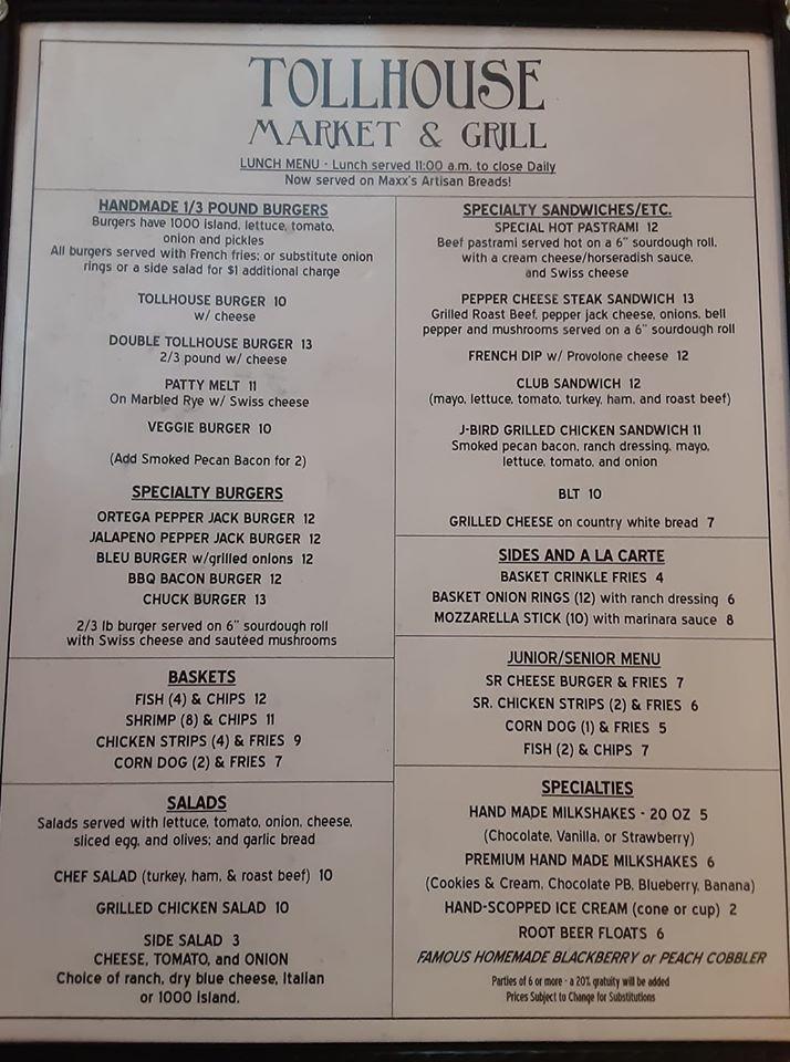 Menu at Tollhouse Market & Grill restaurant, Tollhouse