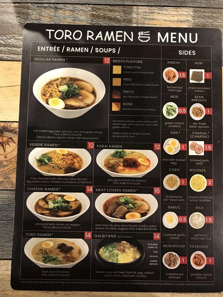 Menu at Toro Ramen restaurant, Midvale