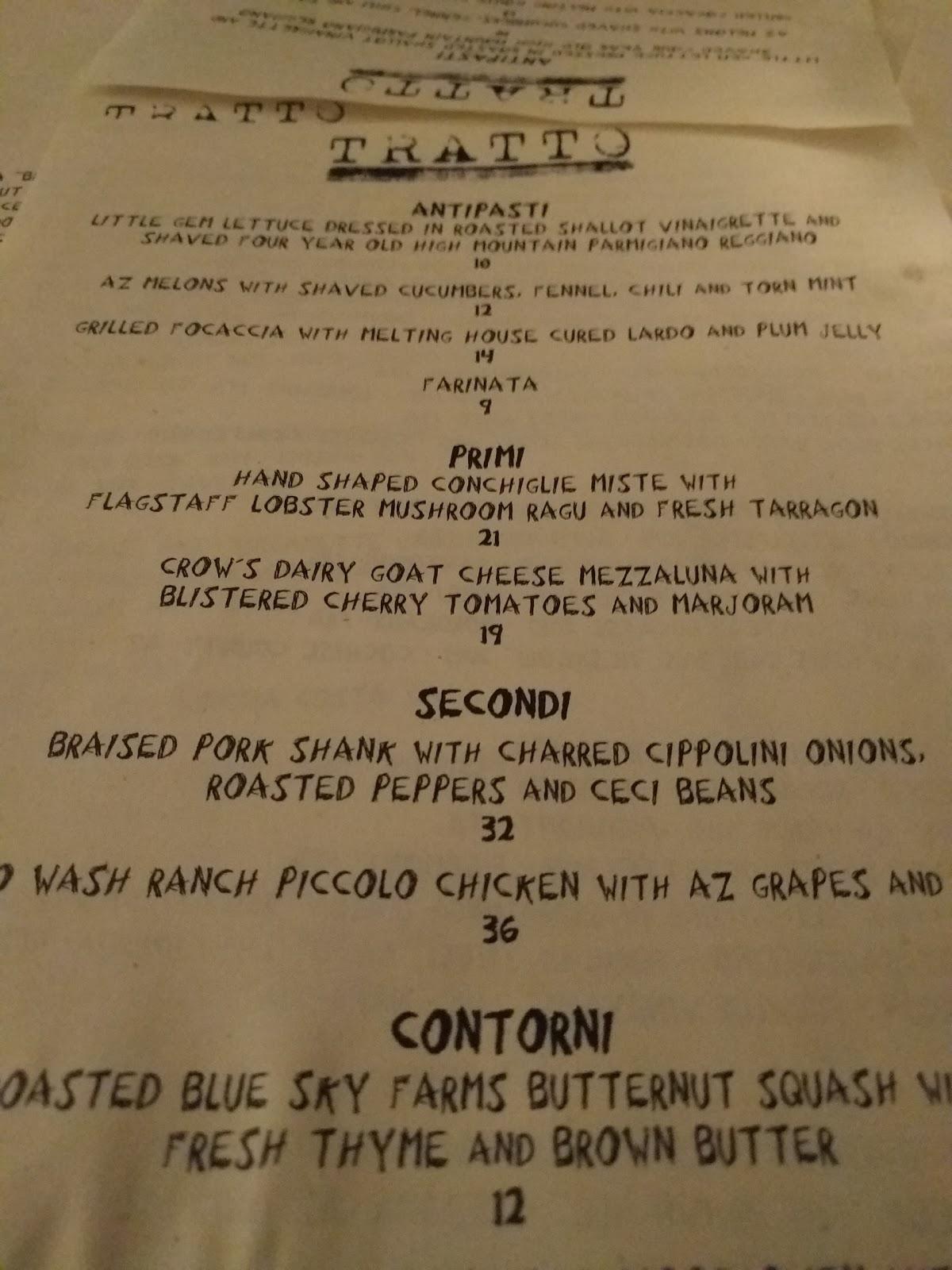 Menu at Tratto pub & bar, Phoenix, E Van Buren St