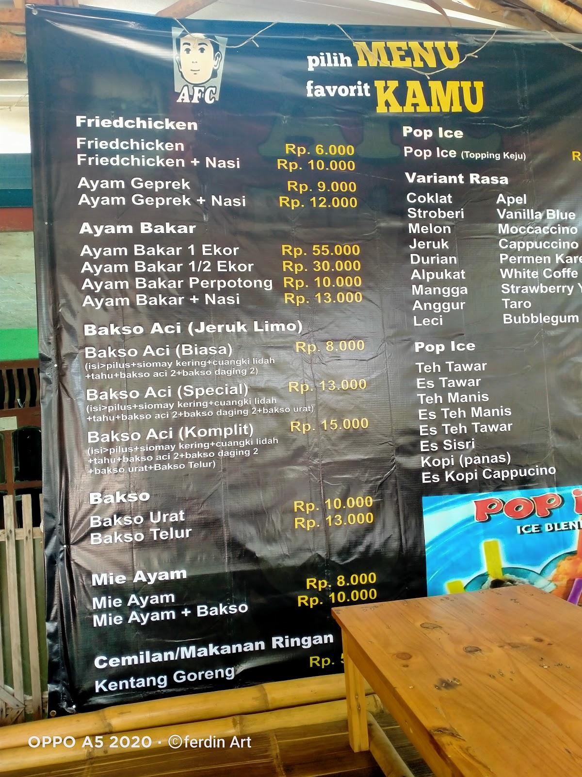 Menu at AFC (AL FRIED CHICKEN) cafe, Kemiri