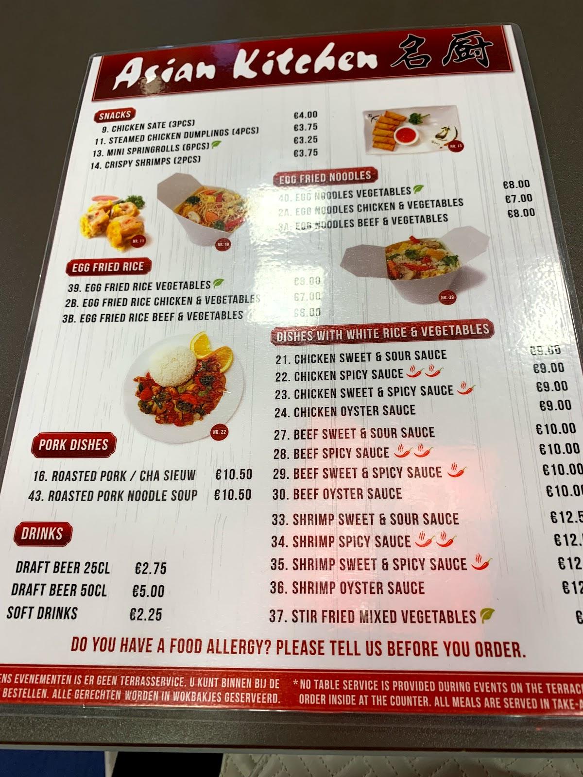 Menu at Asian Kitchen, Amsterdam, Johan Cruijff Boulevard 81
