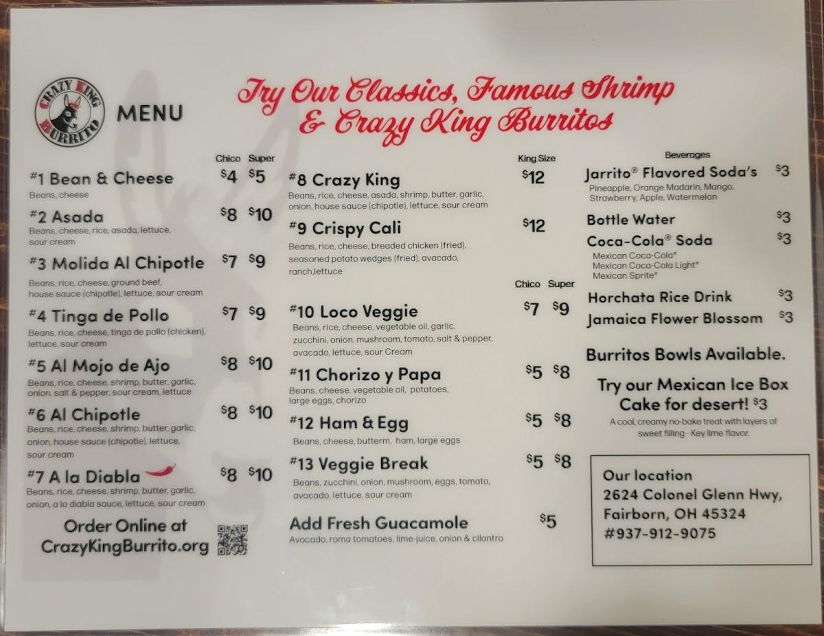 Menu at Crazy King Burrito restaurant, Beavercreek