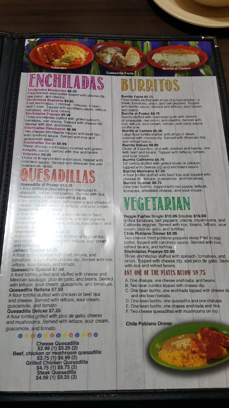 Carta del restaurante El Nopal, Valley Park