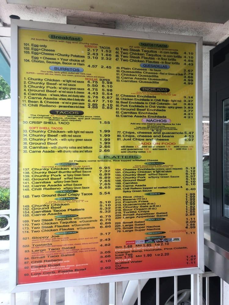 Menu at El Taco restaurant, Downey, Florence Ave