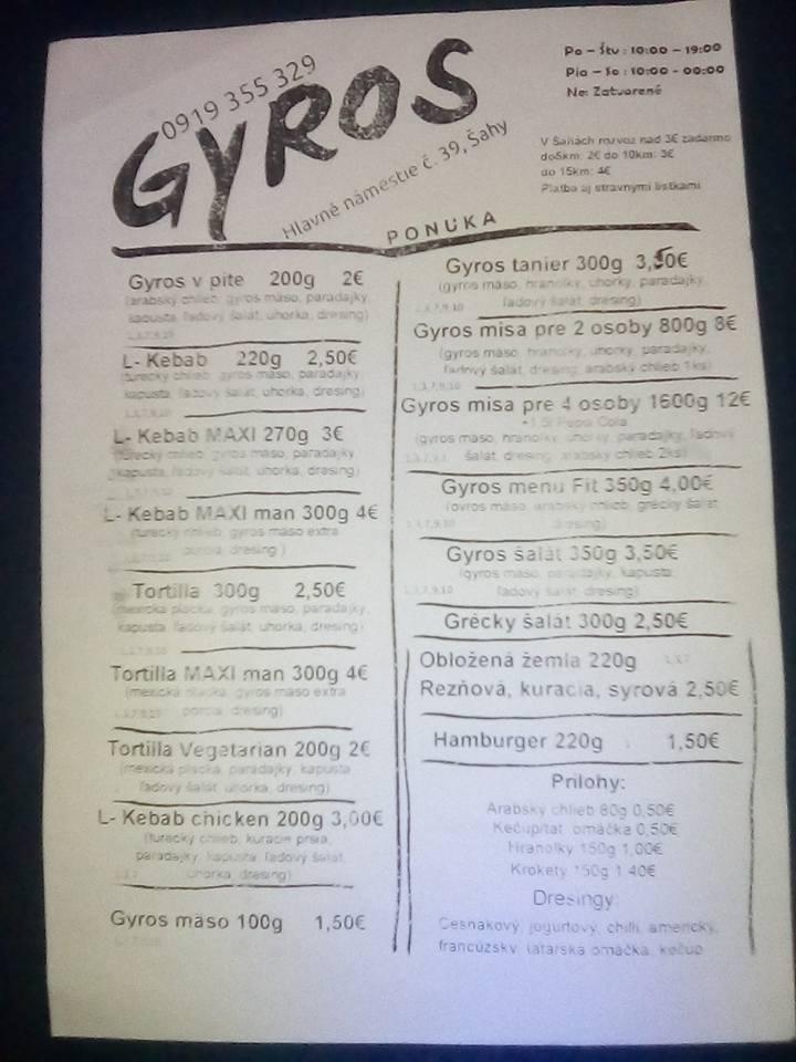 Menu at Gyros restaurant, Šahy