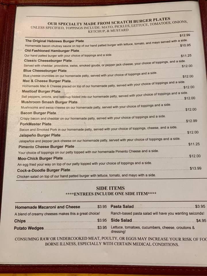 Menu at HEbrews Café cafe, Batesburg-Leesville