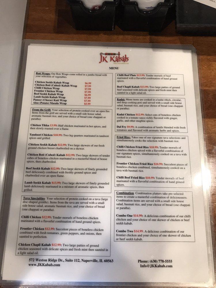 Menu at JK Kabab restaurant, Naperville