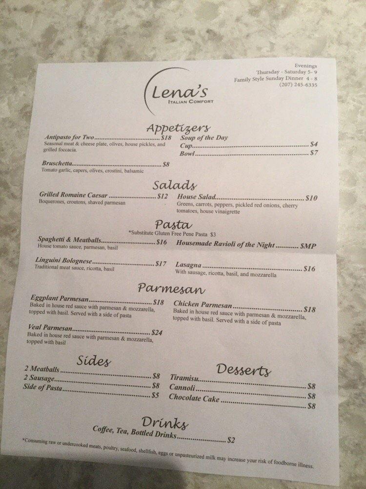 Menu at Lena's Italian Comfort restaurant, Portland