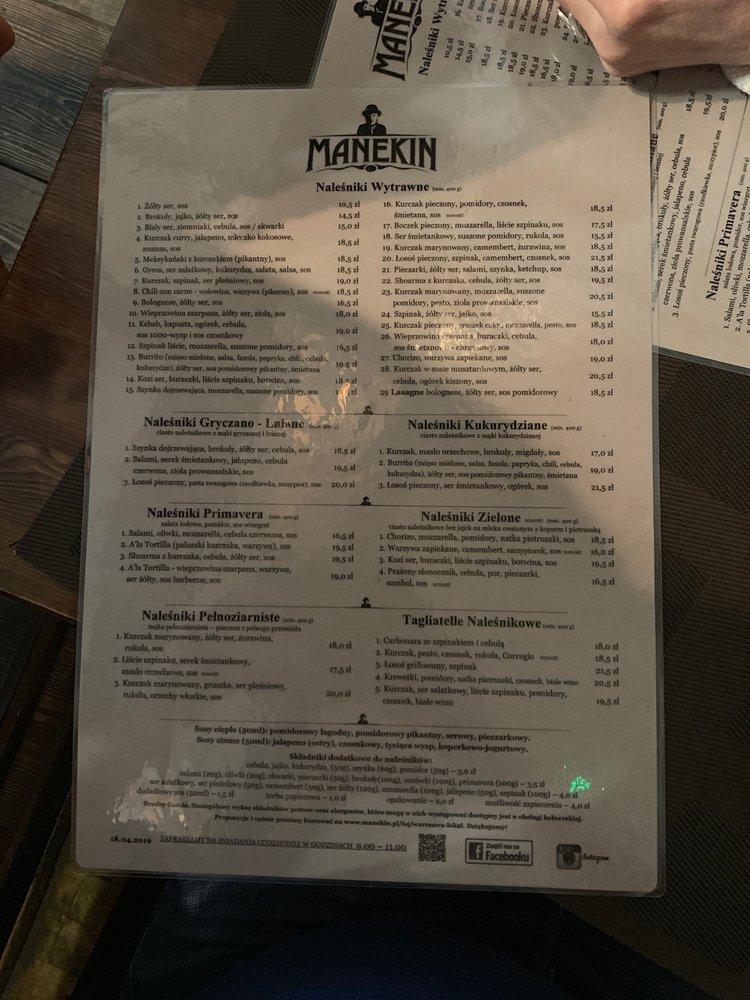 Menu at Manekin restaurant, Warsaw, Marszałkowska 140