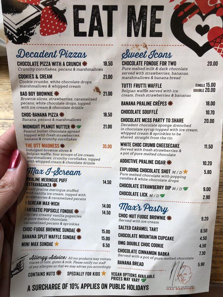 Menu at Max Brenner Chocolate Bar, Melbourne, Shop OE5