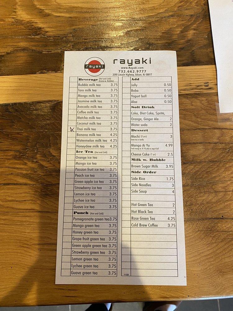 Menu at Rayaki Ramen Edison restaurant, Edison