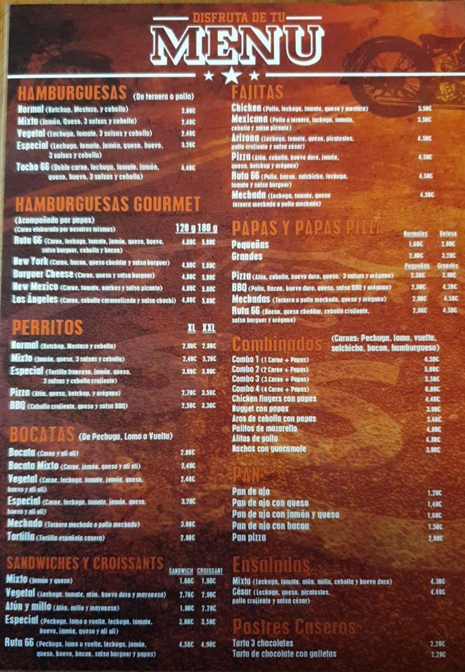 Carta de Ruta 66 Burguer Café, Gáldar, C. Guaires