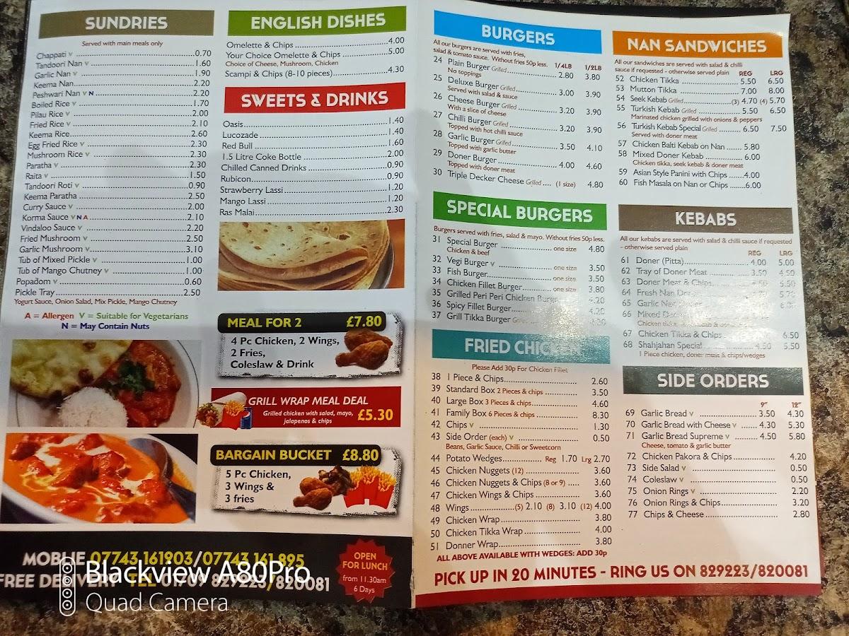 Menu at ShahJahan fast food, Rotherham